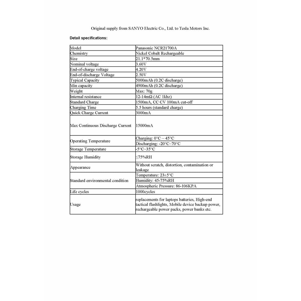 Tesla Model-X 21700 5000mAh 10A Battery